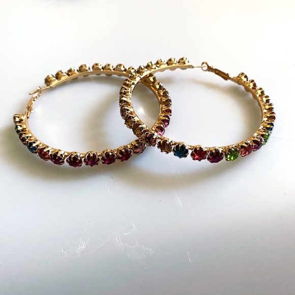 Jewelry | Multi Color Rhinestone Handmade Hoop Earrings | Poshmark